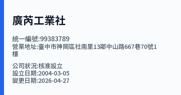 廣芮工業社的照片-統編 99383789(臺中市) 公司登記資料與營業項目詳細圖表