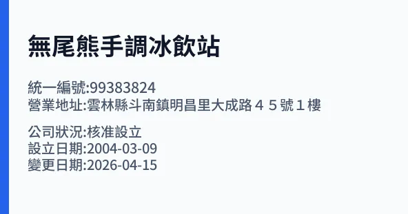 無尾熊手調冰飲站的照片-統編 99383824(雲林縣) 公司登記資料與營業項目詳細圖表