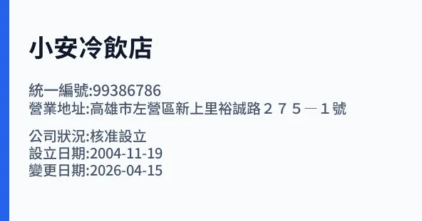 小安冷飲店的照片-統編 99386786(高雄市) 公司登記資料與營業項目詳細圖表