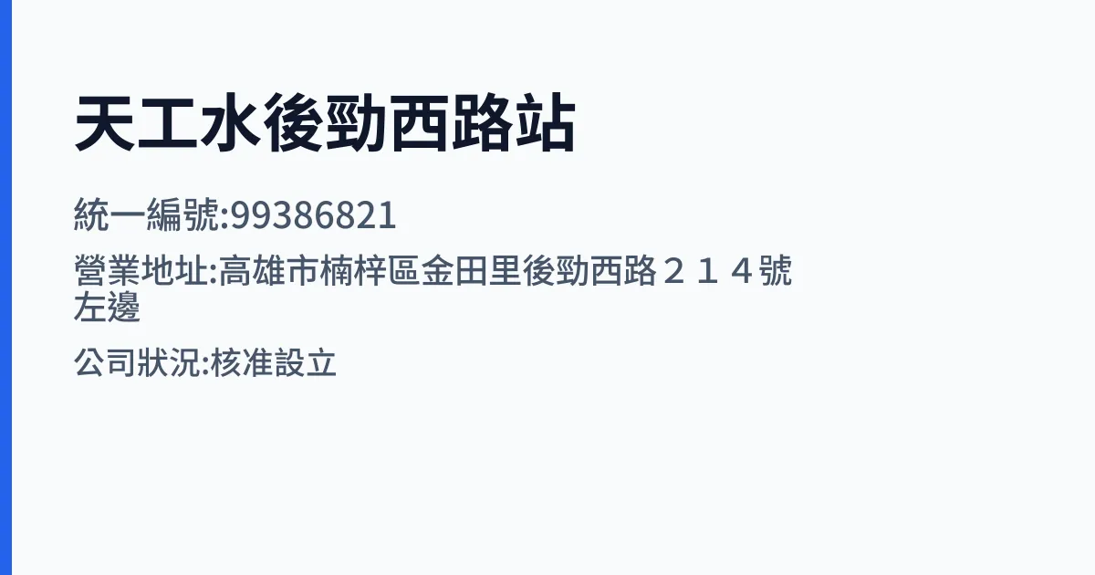 天工水後勁西路站 - 統編 99386821(高雄市) 公司登記資料與營業項目詳細圖表