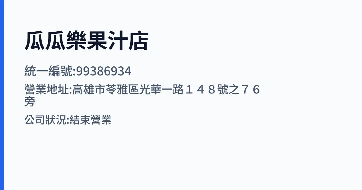 瓜瓜樂果汁店 - 統編 99386934(高雄市) 公司登記資料與營業項目詳細圖表