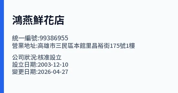 鴻燕鮮花店的照片-統編 99386955(高雄市) 公司登記資料與營業項目詳細圖表