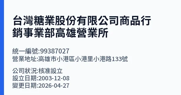 台灣糖業股份有限公司商品行銷事業部高雄營業所的照片-統編 99387027(高雄市) 公司登記資料與營業項目詳細圖表