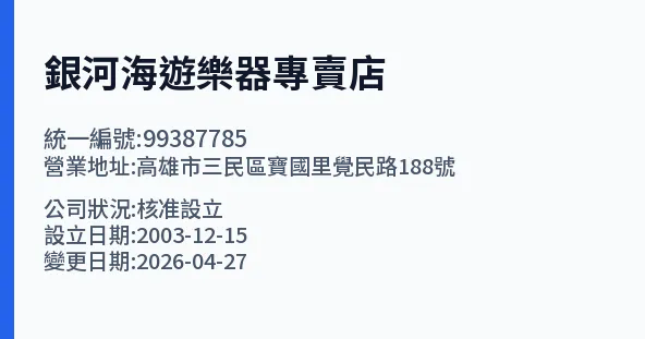 銀河海遊樂器專賣店的照片-統編 99387785(高雄市) 公司登記資料與營業項目詳細圖表