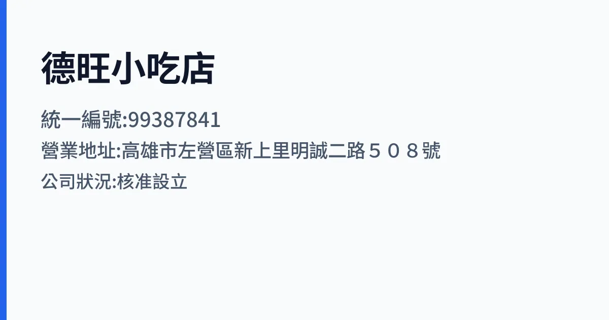 德旺小吃店 - 統編 99387841(高雄市) 公司登記資料與營業項目詳細圖表