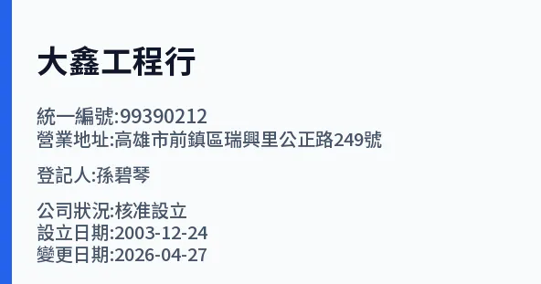 大鑫工程行的照片-統編 99390212(高雄市) 公司登記資料與營業項目詳細圖表