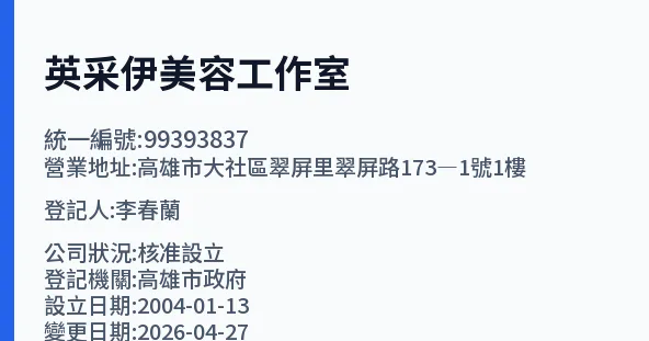 英采伊美容工作室的照片-統編 99393837(高雄市) 公司登記資料與營業項目詳細圖表