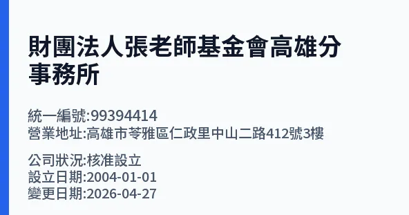 財團法人張老師基金會高雄分事務所的照片-統編 99394414(高雄市) 公司登記資料與營業項目詳細圖表