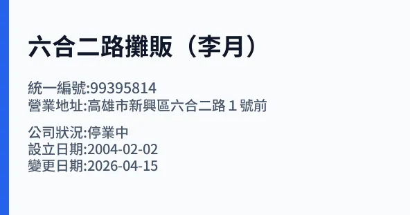 六合二路攤販（李月）的照片-統編 99395814(高雄市) 公司登記資料與營業項目詳細圖表