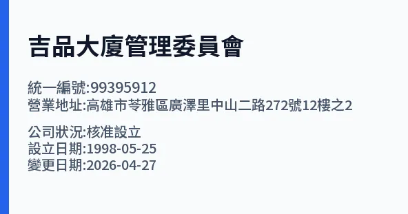 吉品大廈管理委員會的照片-統編 99395912(高雄市) 公司登記資料與營業項目詳細圖表
