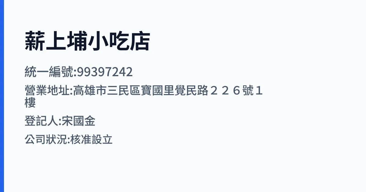 薪上埔小吃店 - 統編 99397242(高雄市) 公司登記資料與營業項目詳細圖表