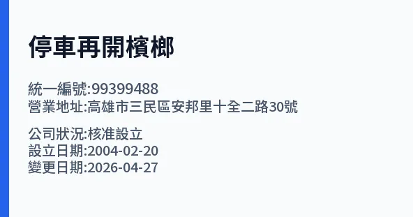 停車再開檳榔的照片-統編 99399488(高雄市) 公司登記資料與營業項目詳細圖表