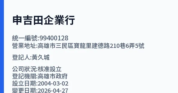申吉田企業行的照片-統編 99400128(高雄市) 公司登記資料與營業項目詳細圖表