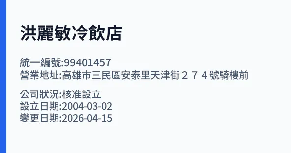 洪麗敏冷飲店的照片-統編 99401457(高雄市) 公司登記資料與營業項目詳細圖表