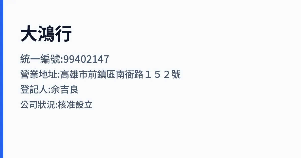 大鴻行 - 統編 99402147(高雄市) 公司登記資料與營業項目詳細圖表
