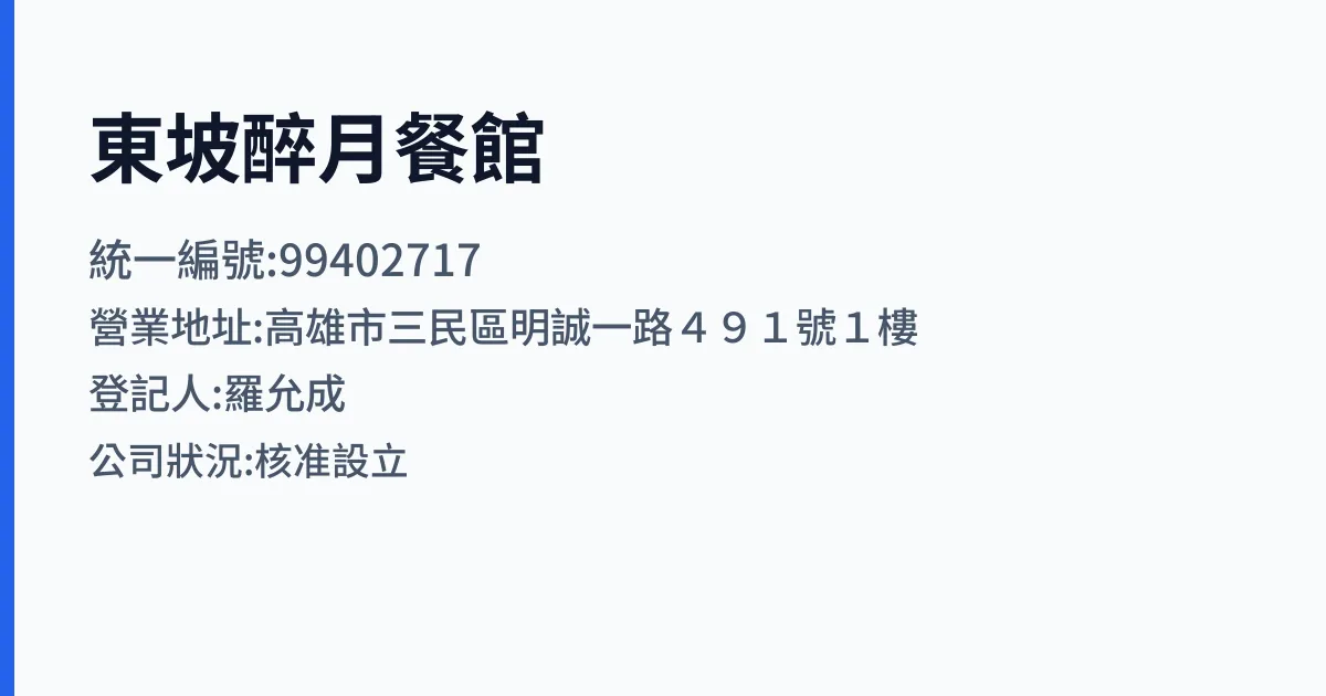 東坡醉月餐館 - 統編 99402717(高雄市) 公司登記資料與營業項目詳細圖表