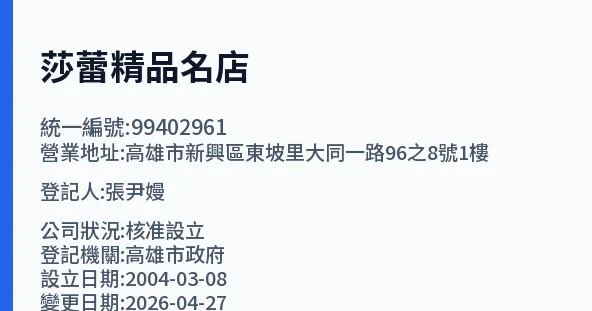 莎蕾精品名店的照片-統編 99402961(高雄市) 公司登記資料與營業項目詳細圖表