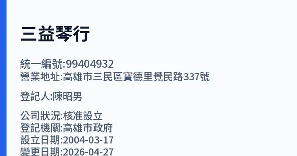 三益琴行的照片-統編 99404932(高雄市) 公司登記資料與營業項目詳細圖表
