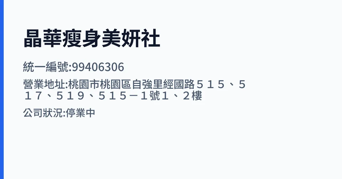 晶華瘦身美妍社 - 統編 99406306(桃園市) 公司登記資料與營業項目詳細圖表