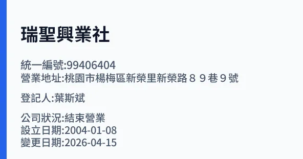 瑞聖興業社的照片-統編 99406404(桃園市) 公司登記資料與營業項目詳細圖表