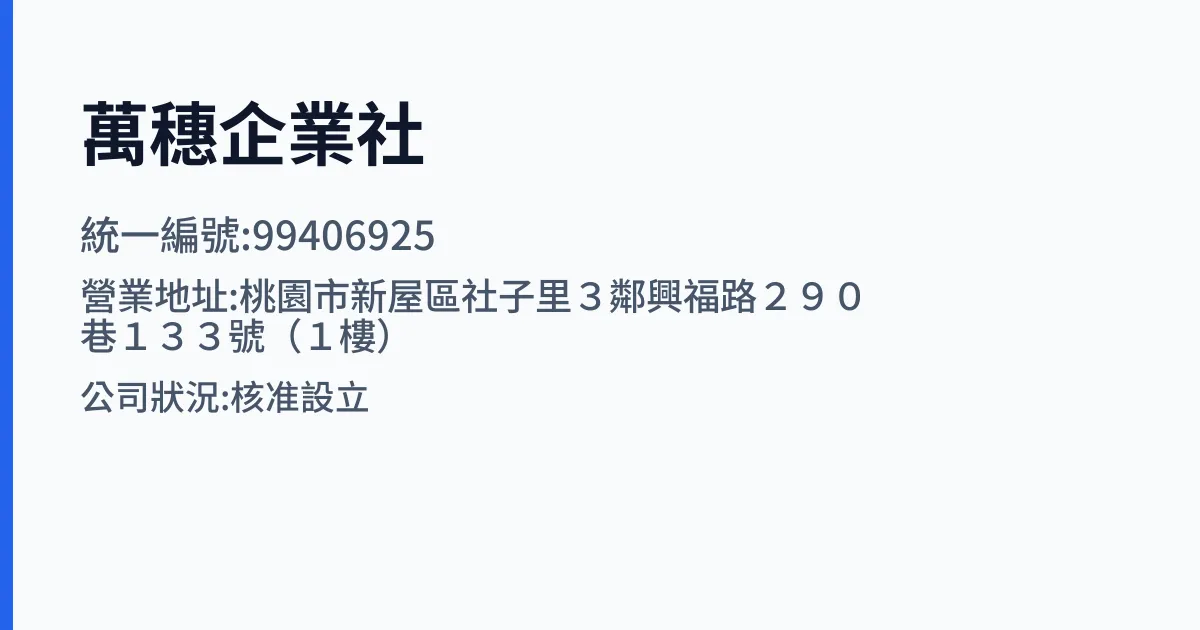 萬穗企業社 - 統編 99406925(桃園市) 公司登記資料與營業項目詳細圖表