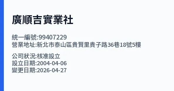 廣順吉實業社的照片-統編 99407229(新北市) 公司登記資料與營業項目詳細圖表