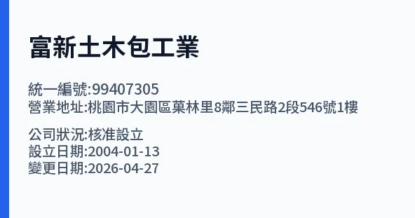 富新土木包工業的照片-統編 99407305(桃園市) 公司登記資料與營業項目詳細圖表