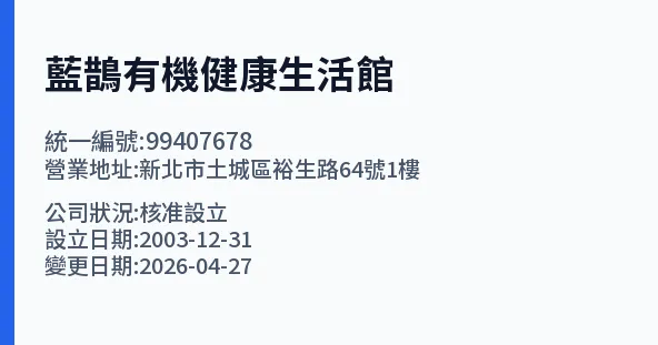 藍鵲有機健康生活館的照片-統編 99407678(新北市) 公司登記資料與營業項目詳細圖表