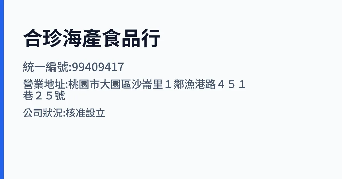 合珍海產食品行 - 統編 99409417(桃園市) 公司登記資料與營業項目詳細圖表