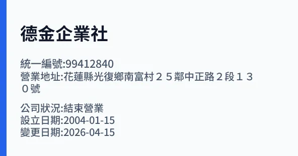 德金企業社的照片-統編 99412840(花蓮縣) 公司登記資料與營業項目詳細圖表