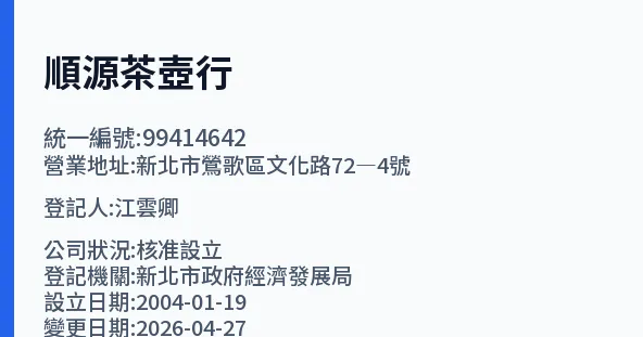 順源茶壺行的照片-統編 99414642(新北市) 公司登記資料與營業項目詳細圖表