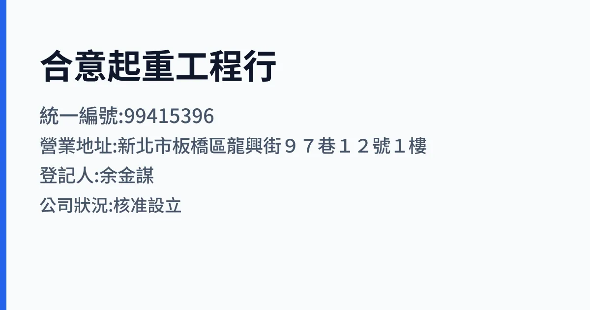 合意起重工程行 - 統編 99415396(新北市) 公司登記資料與營業項目詳細圖表
