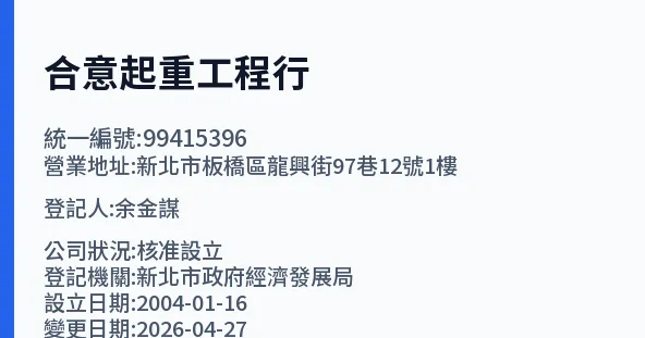 合意起重工程行的照片-統編 99415396(新北市) 公司登記資料與營業項目詳細圖表