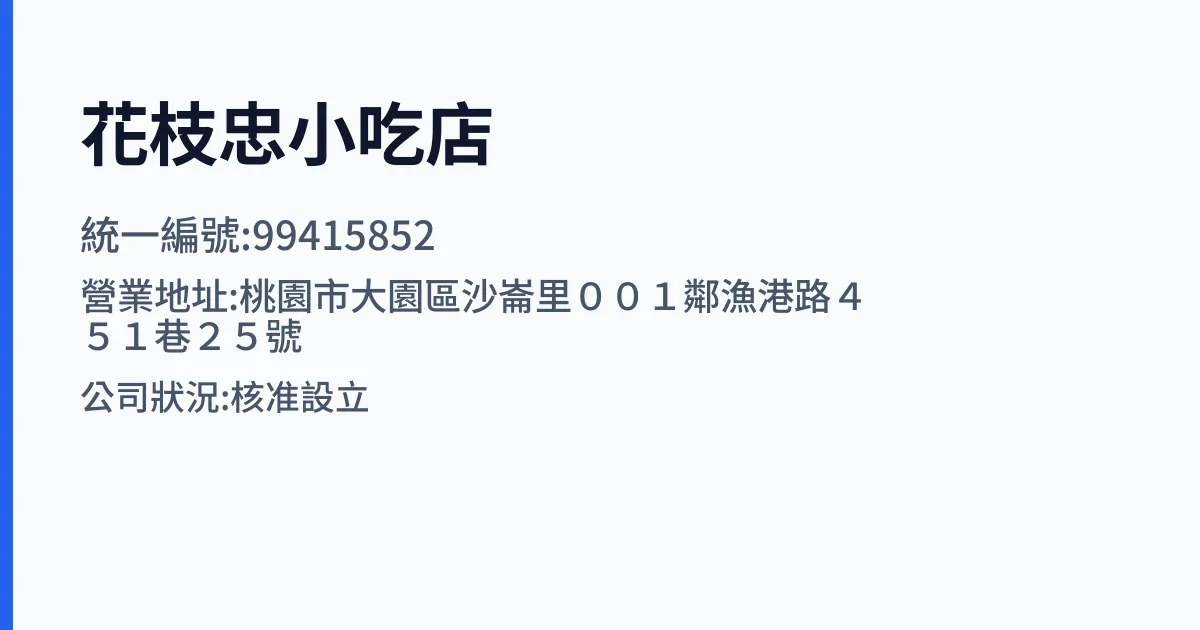 花枝忠小吃店 - 統編 99415852(桃園市) 公司登記資料與營業項目詳細圖表