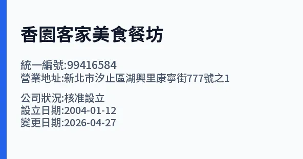 香園客家美食餐坊的照片-統編 99416584(新北市) 公司登記資料與營業項目詳細圖表