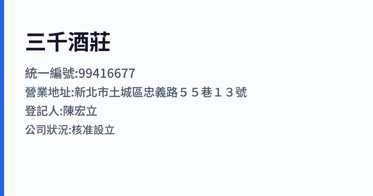 三千酒莊 - 統編 99416677(新北市) 公司登記資料與營業項目詳細圖表