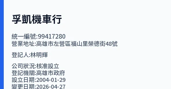 孚凱機車行的照片-統編 99417280(高雄市) 公司登記資料與營業項目詳細圖表