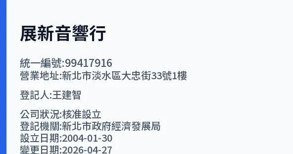 展新音響行的照片-統編 99417916(新北市) 公司登記資料與營業項目詳細圖表