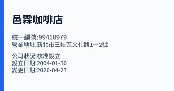 邑霖咖啡店的照片-統編 99418979(新北市) 公司登記資料與營業項目詳細圖表