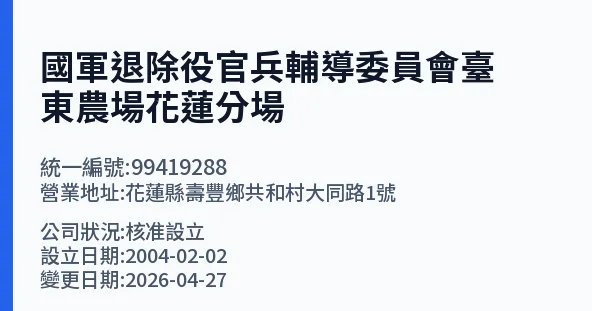國軍退除役官兵輔導委員會臺東農場花蓮分場的照片-統編 99419288(花蓮縣) 公司登記資料與營業項目詳細圖表