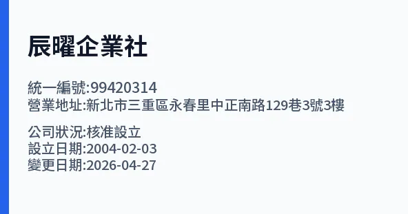 辰曜企業社的照片-統編 99420314(新北市) 公司登記資料與營業項目詳細圖表
