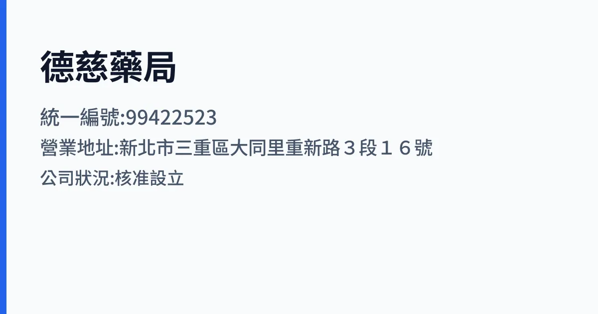 德慈藥局 - 統編 99422523(新北市) 公司登記資料與營業項目詳細圖表