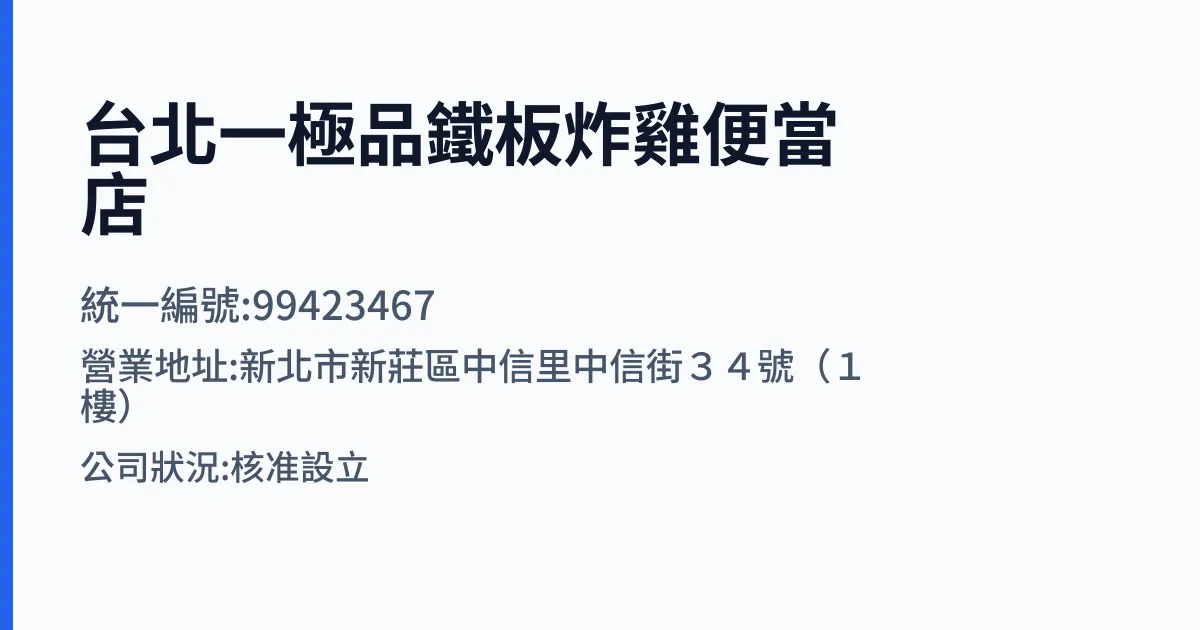 台北一極品鐵板炸雞便當店 - 統編 99423467(新北市) 公司登記資料與營業項目詳細圖表