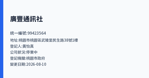 廣豐通訊社的照片-統編 99423564(桃園市) 公司登記資料與營業項目詳細圖表