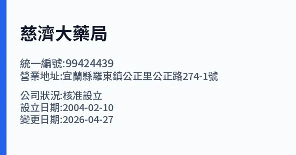 慈濟大藥局的照片-統編 99424439(宜蘭縣) 公司登記資料與營業項目詳細圖表