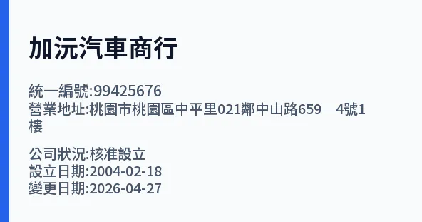 加沅汽車商行的照片-統編 99425676(桃園市) 公司登記資料與營業項目詳細圖表