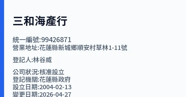 三和海產行的照片-統編 99426871(花蓮縣) 公司登記資料與營業項目詳細圖表
