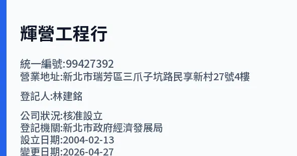 輝營工程行的照片-統編 99427392(新北市) 公司登記資料與營業項目詳細圖表