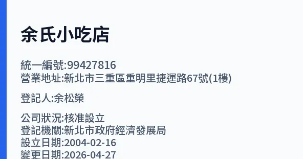 余氏小吃店的照片-統編 99427816(新北市) 公司登記資料與營業項目詳細圖表
