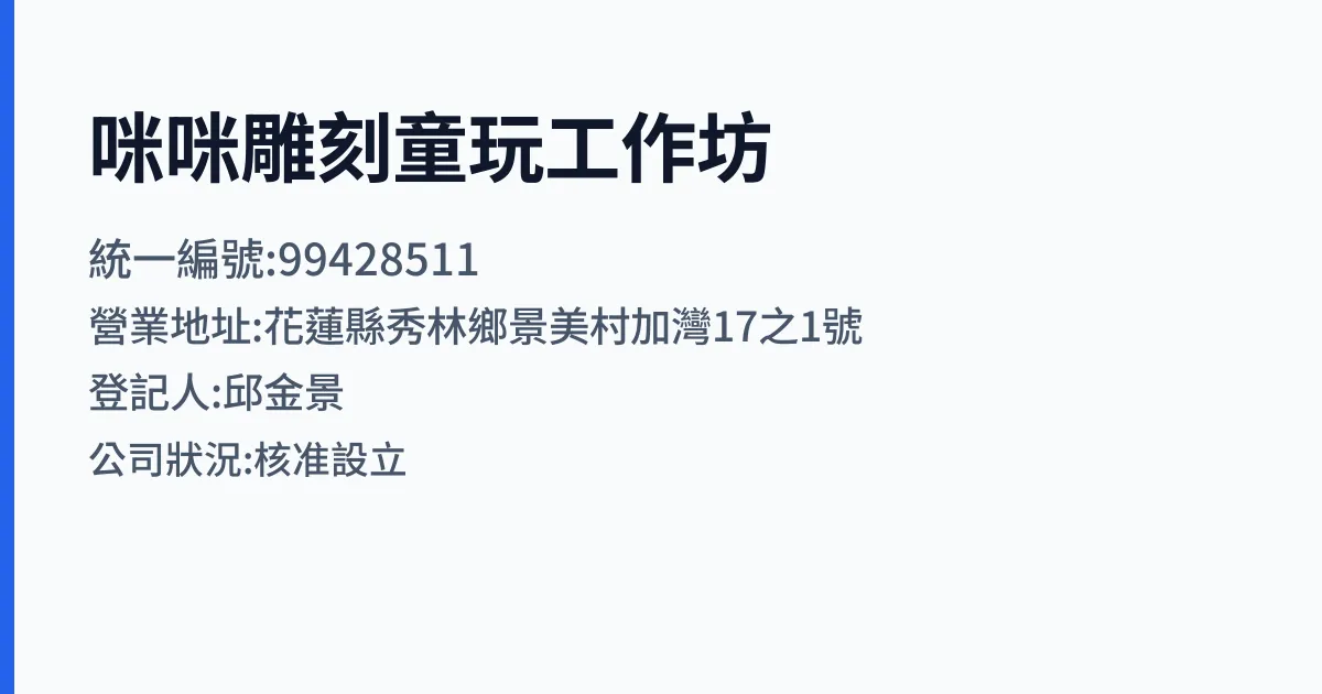 咪咪雕刻童玩工作坊 - 統編 99428511(花蓮縣) 公司登記資料與營業項目詳細圖表